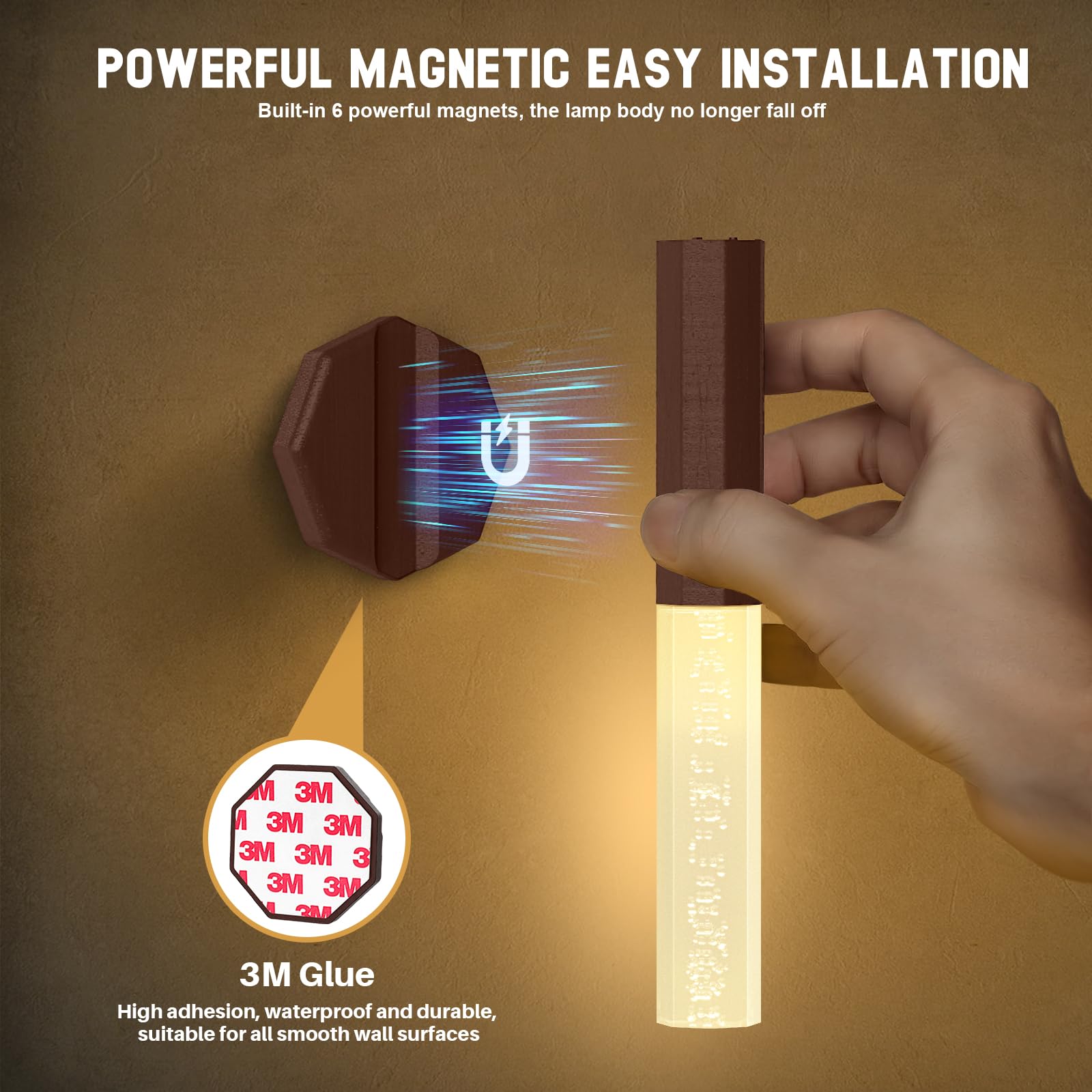 Ni-SHEN Motion Sensor Night Light Indoor with 3 Color Mode, Rechargeable Powerful Magnetic Body Wall Light Led Hallway Light, Battery-Operated Wooden Wall Sconce for Hallway, Stairway (Bubble)