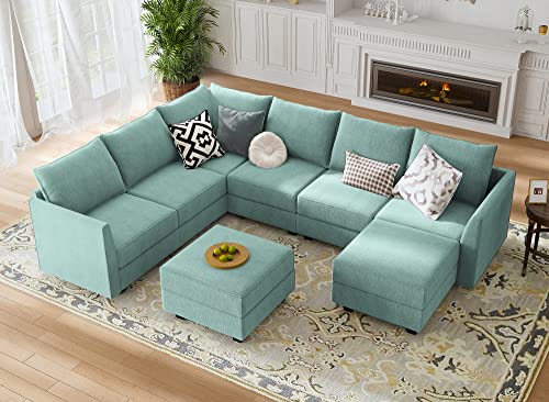 HONBAY Modular Sectional Sofa with Storage Seat Oversized U Shaped Modular Couch with Reversible Chaise Sectional Sleeper Sofa with Ottoman for Living Room, Aqua Blue