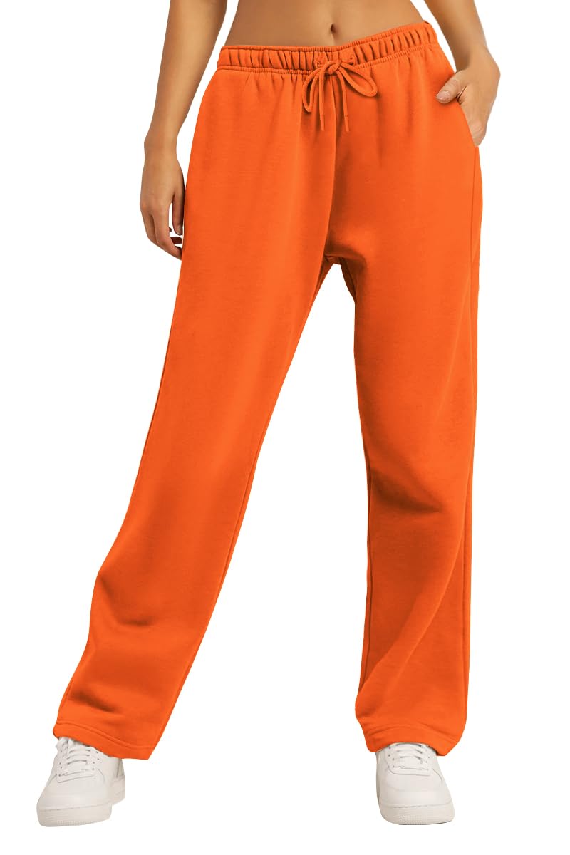 AUTOMET Women's Wide Leg Sweatpants Fleece Lined Baggy Straight Leg Lounge Pants Fall Outfits Athletic Joggers with Pockets Orange S