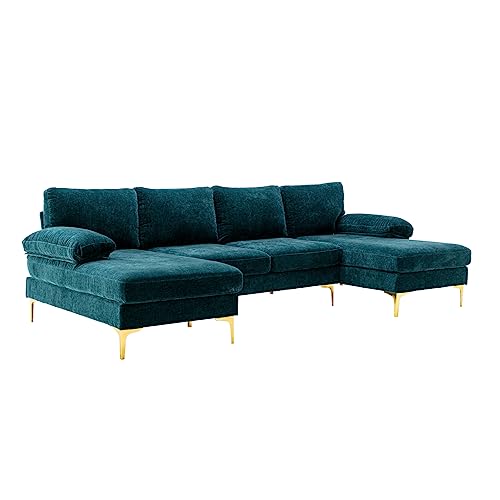 Zaboro 110" U-Shaped Sectional Sofa, 4-Seater Modular Sofa Couch with Double Chaises, Velvet Accent Sofa with Golden Metal Legs & Armrest Pillows, for Living Room, Apartment and Office,Teal Blue