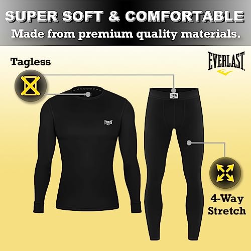 Everlast Mens Base Layer Set - Top & Bottom - Compression Shirts for Men, Compression Pants Men, Rash Guard for Men, Leggings, Black, Large