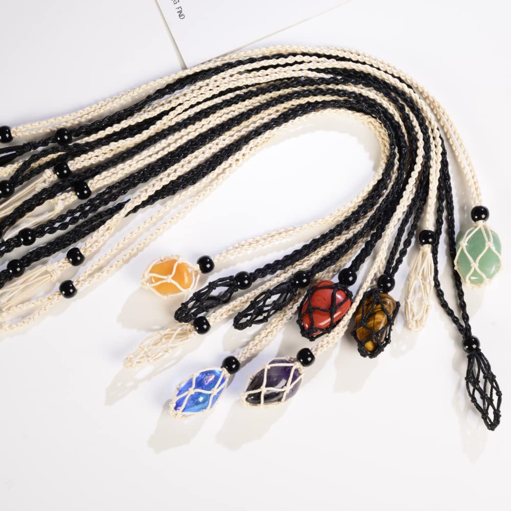 VNVETYTO 18 PCS Crystal Cage Necklace Holder Cord Empty Stone Holder Replacement Hand-Woven Cord with Adjustable Length (9 Black + 9 Beige)