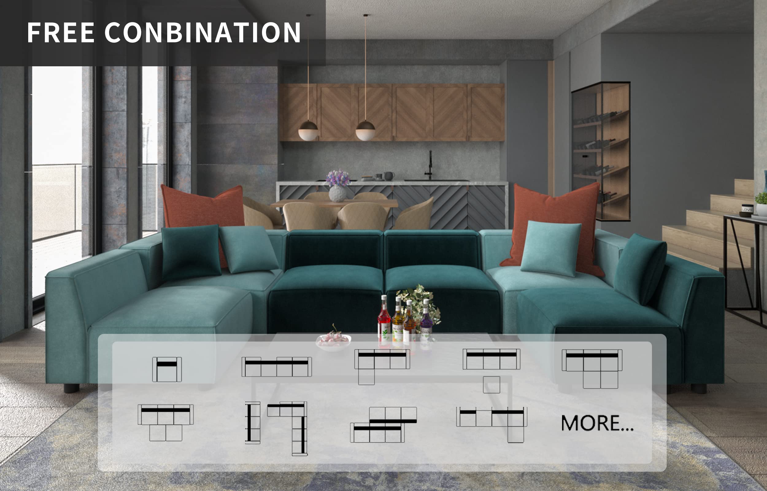 LLappuil Modern Modular Sectional Living Room Sofa Set, Low Back Minimalist Style Couch, Soft Fabric 6 Seater Oversized 138.4" U Shape Sofa, Aqua Blue