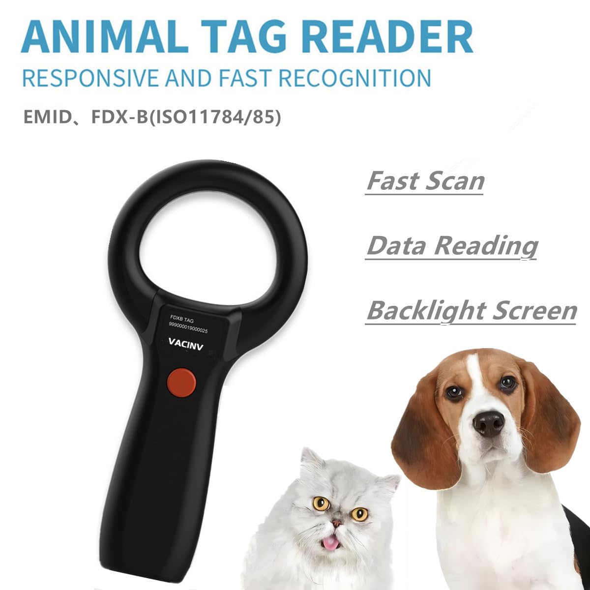 ANVESE Pet Microchip Scanner USB Rechargeable RFID EMID Micro Chip Reader Scanner 134.2kHz Standard FDX-B ISO11784/ISO11785 Support Data Export Pet Chip ID Scanner for Animal/Pets/Dogs/Cats (W90S)