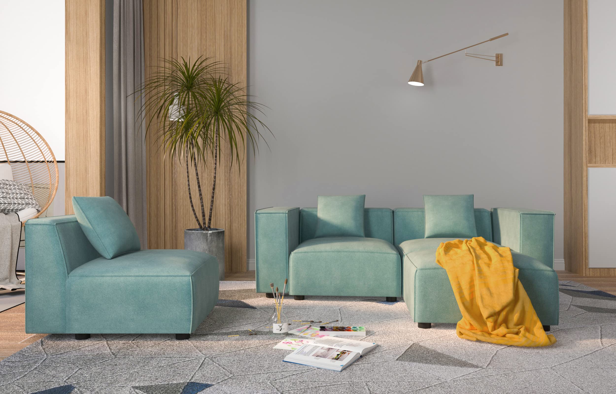 LLappuil Modern Modular Sectional Living Room Sofa Set, Low Back Minimalist Style Couch, Soft Fabric 6 Seater Oversized 138.4" U Shape Sofa, Aqua Blue