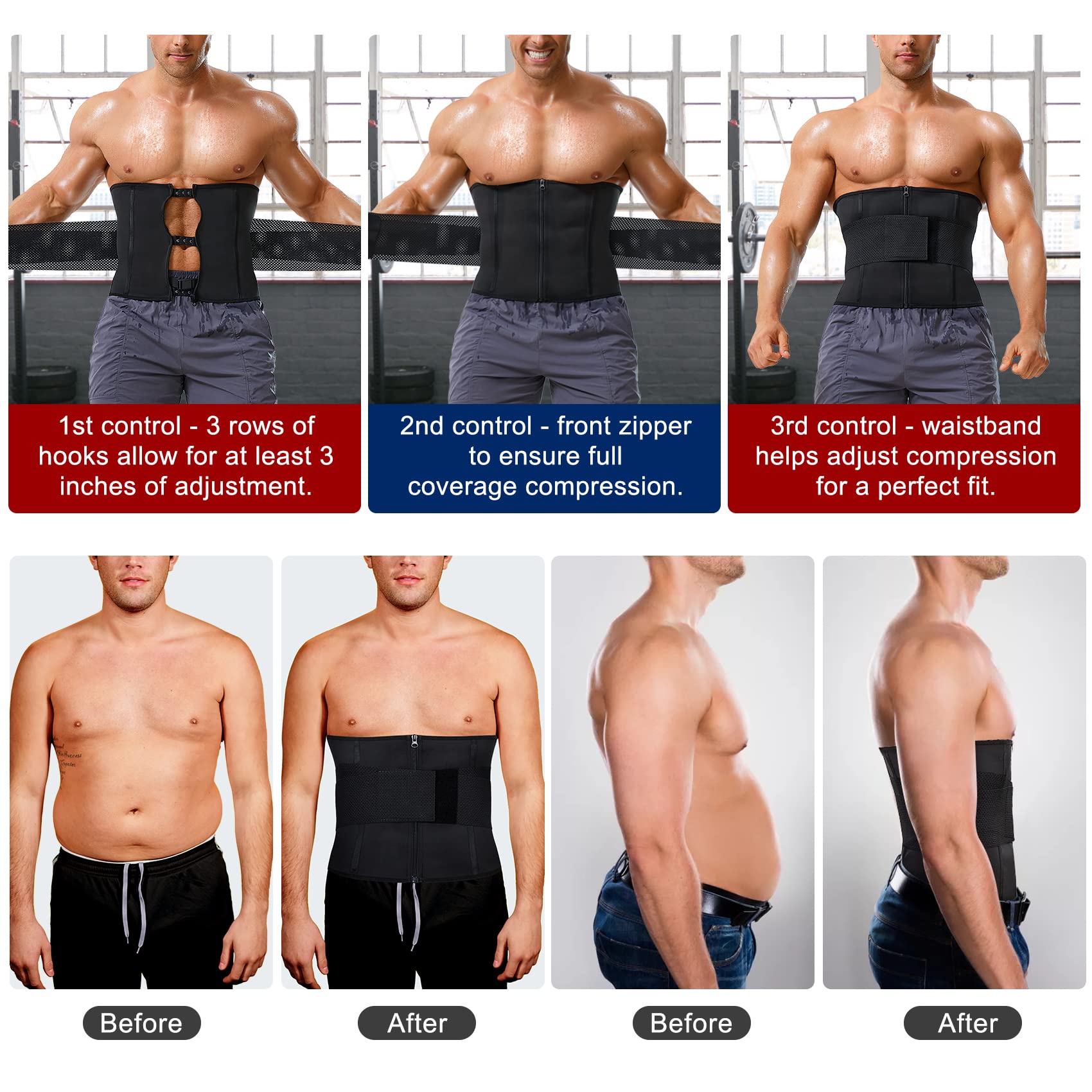 MOLUTAN Waist Trainer for Men Waist Trimmer with Adjustable Sweat Belt Back Support Corset Compression Girdle Sauna Suits Black