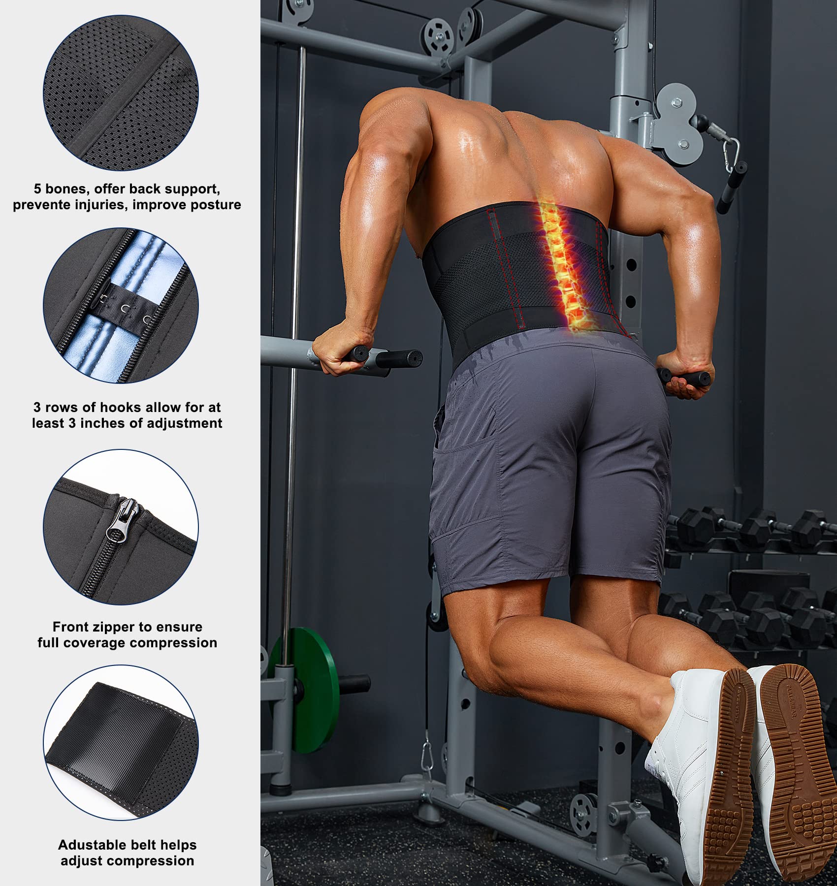 MOLUTAN Waist Trainer for Men Waist Trimmer with Adjustable Sweat Belt Back Support Corset Compression Girdle Sauna Suits Black