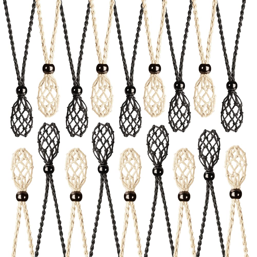 VNVETYTO 18 PCS Crystal Cage Necklace Holder Cord Empty Stone Holder Replacement Hand-Woven Cord with Adjustable Length (9 Black + 9 Beige)
