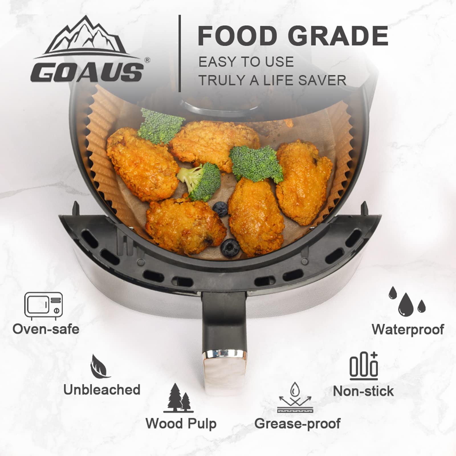 GOAUS Air Fryer 100 Pcs Round Paper Liners Disposable Large for 5 to 8 Qt Basket, 7.9 inch Unbleached Non-stick Oil-proof Parchment Paper