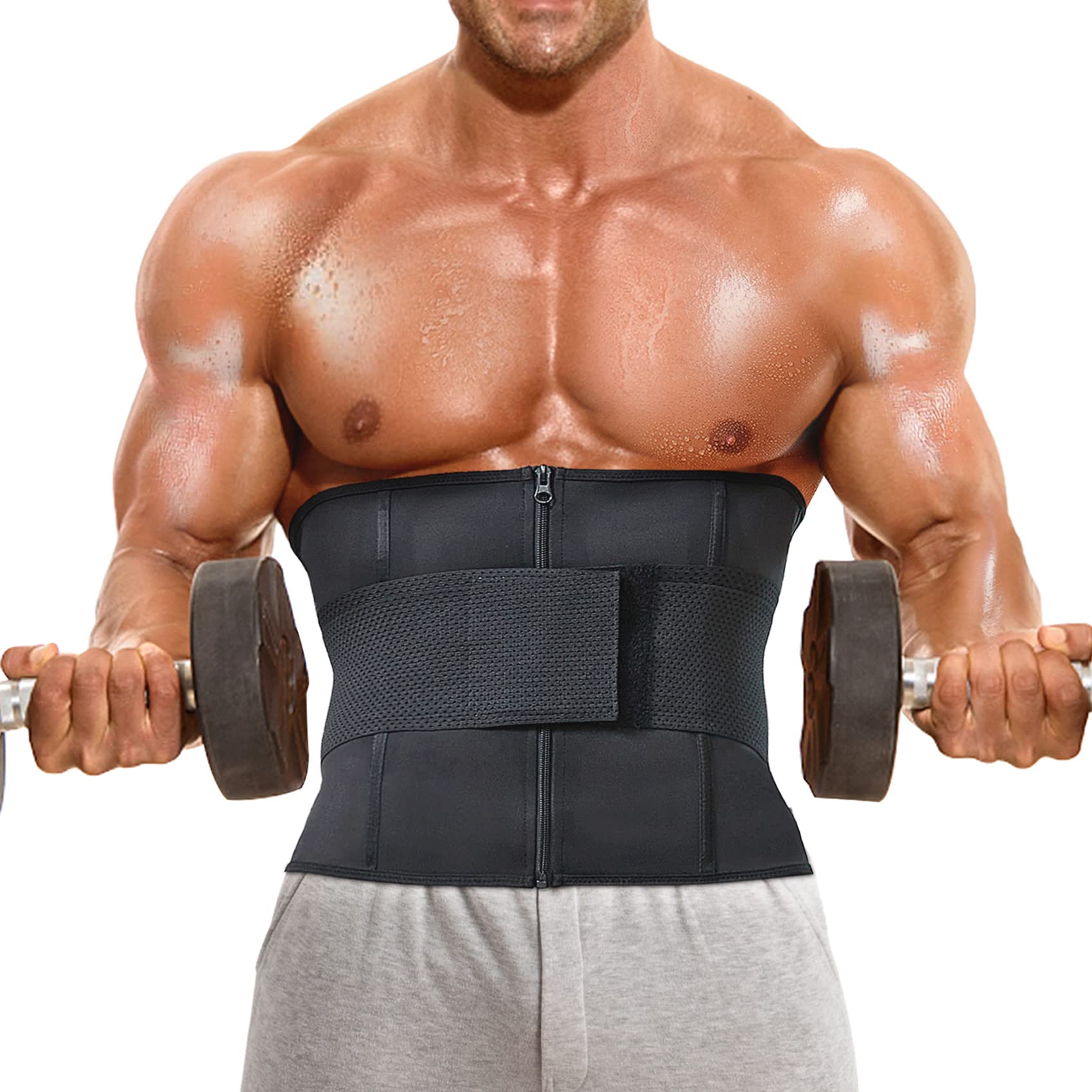 MOLUTAN Waist Trainer for Men Waist Trimmer with Adjustable Sweat Belt Back Support Corset Compression Girdle Sauna Suits Black