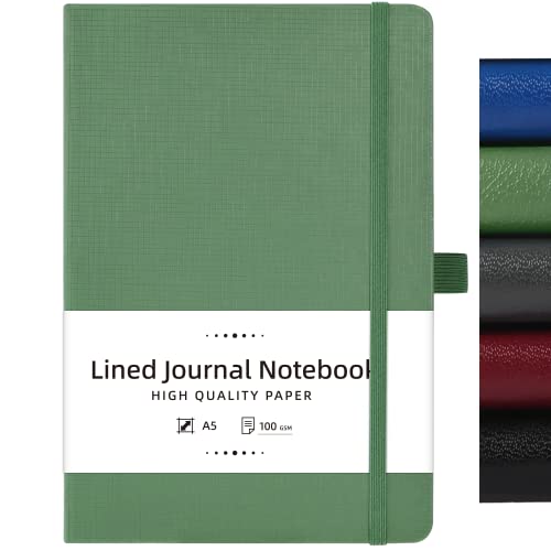 WORPICE Ruled Notebook Journal - Faux Leather Hardcover Writing Notebook, 5.7" x 8.4", 144 Pages, Lined Notebook/Journal with 100 GSM Thick Paper, Elastic Closure, Back Pocket, Bookmark - Green