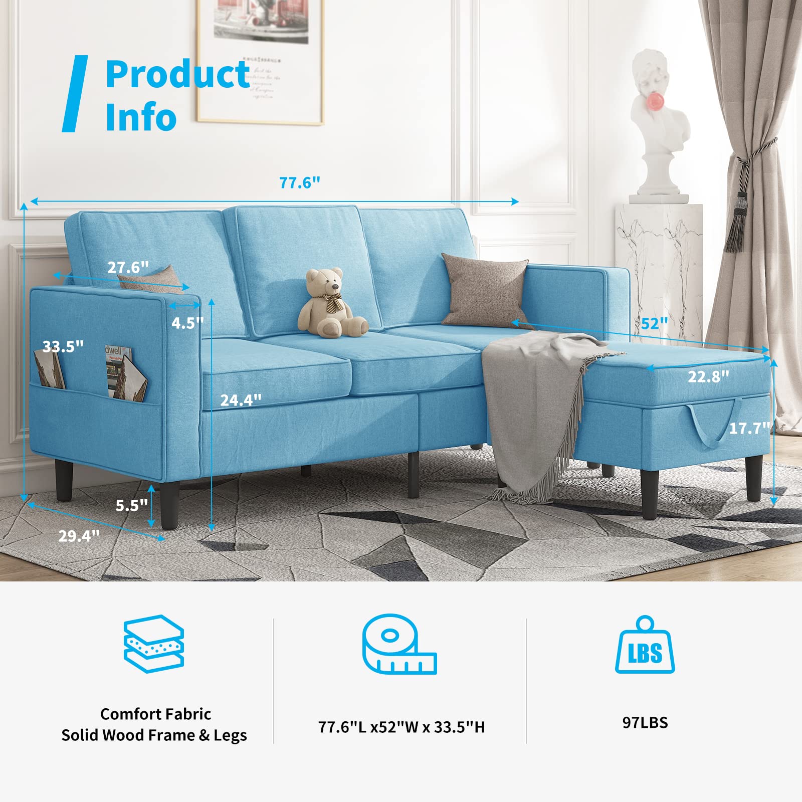 Mjkone Convertible Sectional Sofa Couch, 3-Seat L-Shaped Sofa with Storage Ottoman, Wooden Couch Legs Modern Linen Fabric Reversible Chaise for Living Room, Studio, Apartment - Blue
