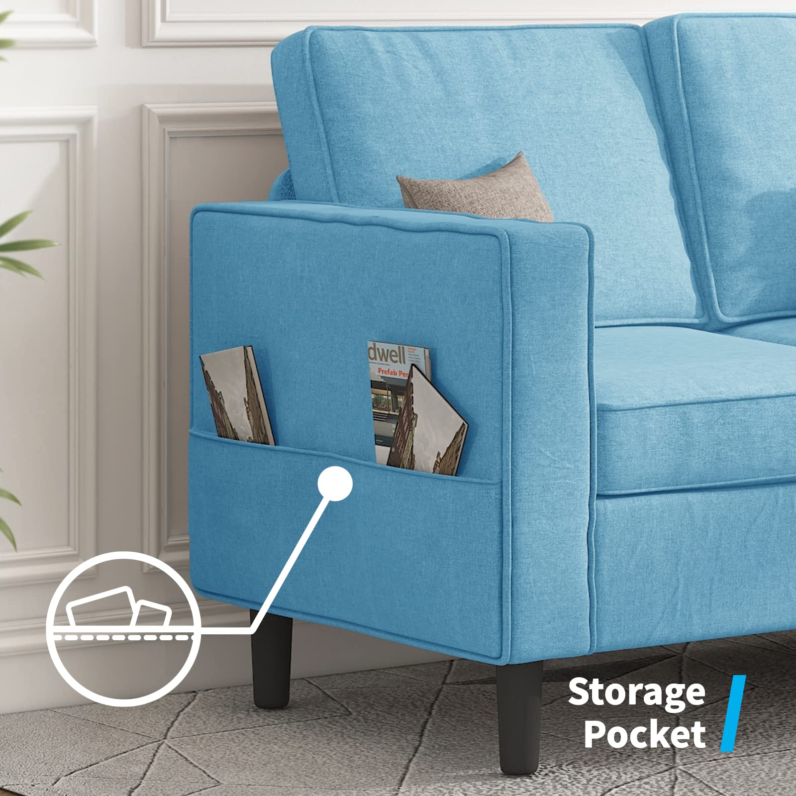 Mjkone Convertible Sectional Sofa Couch, 3-Seat L-Shaped Sofa with Storage Ottoman, Wooden Couch Legs Modern Linen Fabric Reversible Chaise for Living Room, Studio, Apartment - Blue