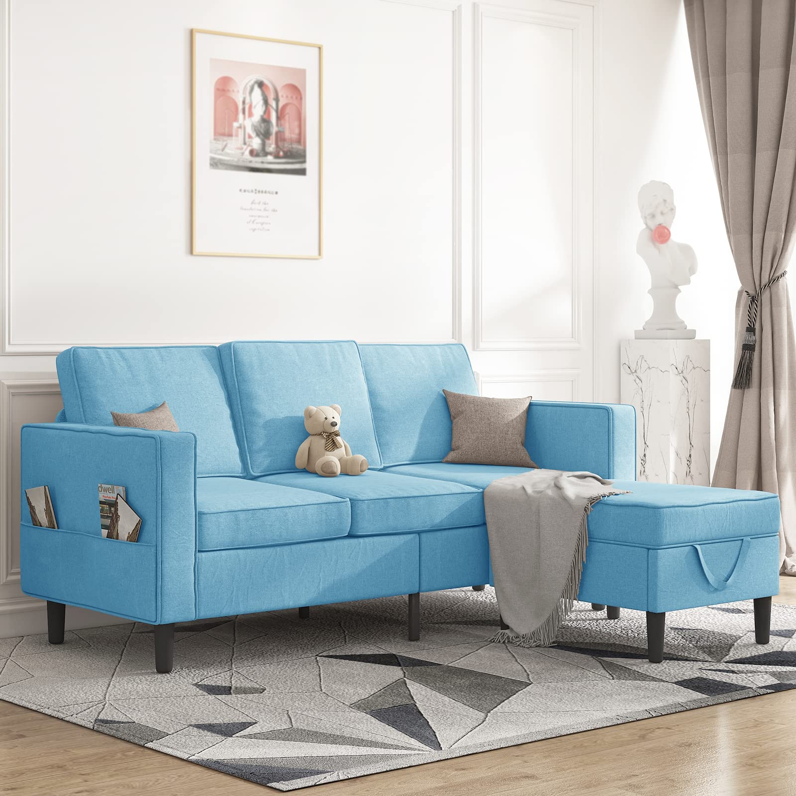 Mjkone Convertible Sectional Sofa Couch, 3-Seat L-Shaped Sofa with Storage Ottoman, Wooden Couch Legs Modern Linen Fabric Reversible Chaise for Living Room, Studio, Apartment - Blue