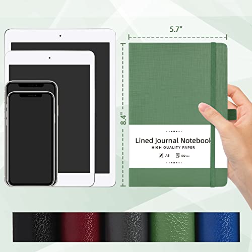 WORPICE Ruled Notebook Journal - Faux Leather Hardcover Writing Notebook, 5.7" x 8.4", 144 Pages, Lined Notebook/Journal with 100 GSM Thick Paper, Elastic Closure, Back Pocket, Bookmark - Green