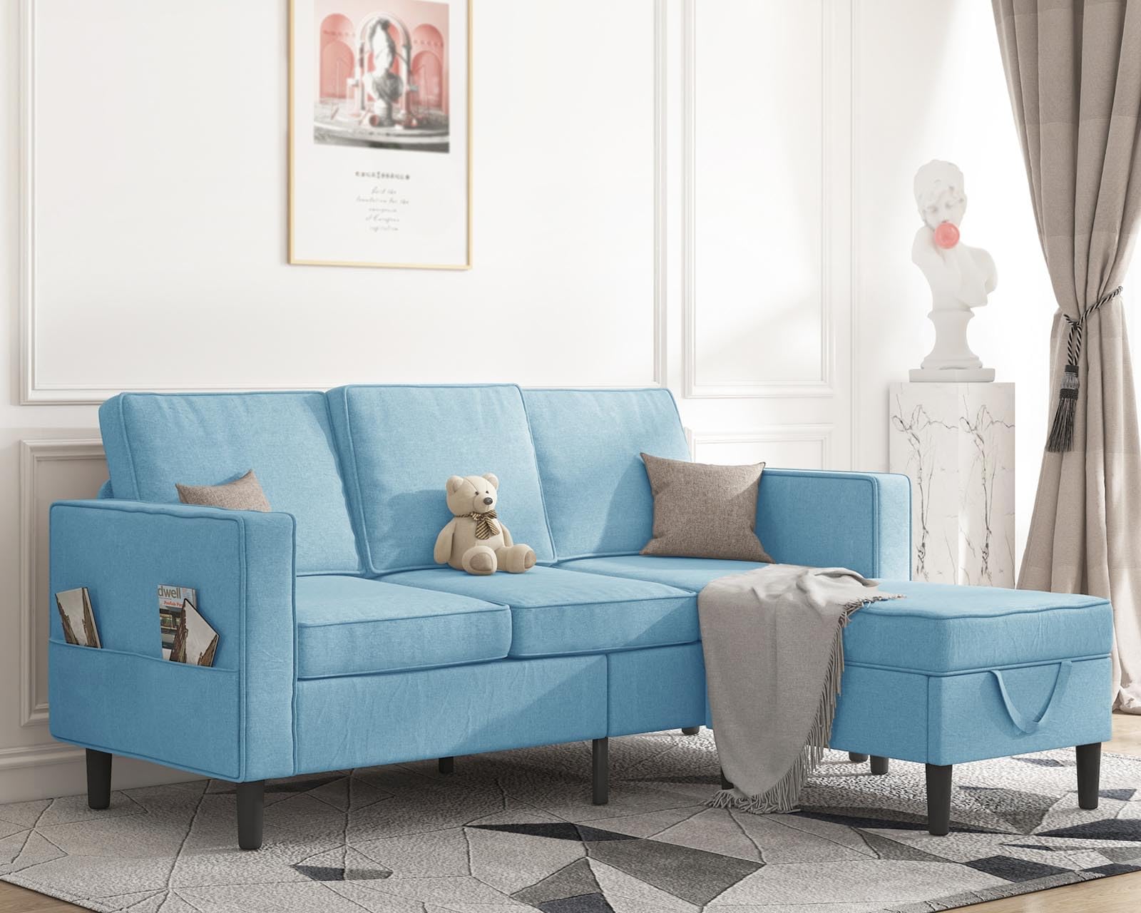 Mjkone Convertible Sectional Sofa Couch, 3-Seat L-Shaped Sofa with Storage Ottoman, Wooden Couch Legs Modern Linen Fabric Reversible Chaise for Living Room, Studio, Apartment - Blue