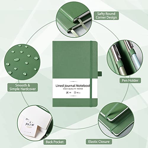 WORPICE Ruled Notebook Journal - Faux Leather Hardcover Writing Notebook, 5.7" x 8.4", 144 Pages, Lined Notebook/Journal with 100 GSM Thick Paper, Elastic Closure, Back Pocket, Bookmark - Green