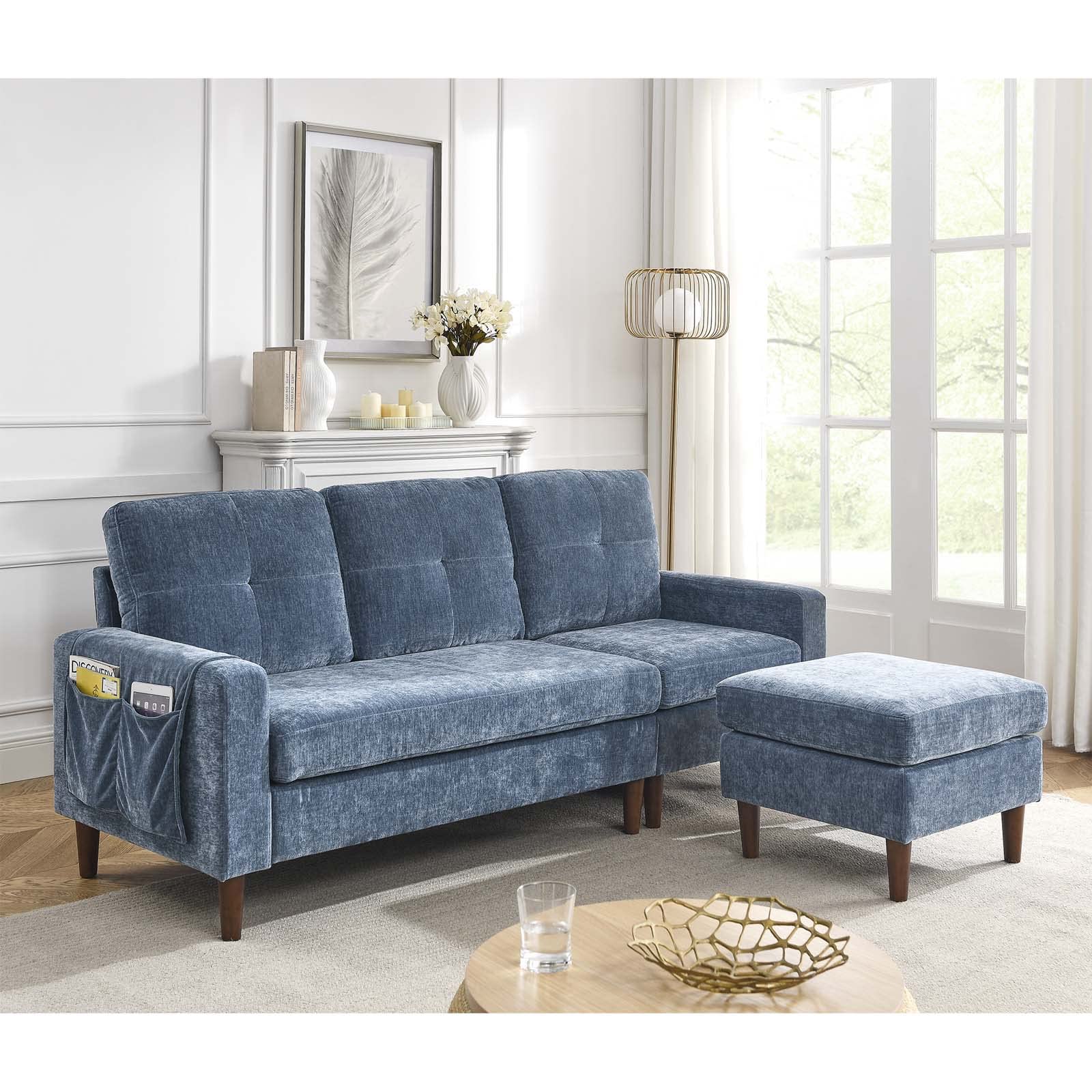 DUNTRKDU 80" Convertible Sectional Sofa Couch, Modern 3-Seat Chenille L-Shaped Sectional Sofa with Removable Cushions and Storage Pocket Bag for Small Living Room, Small Space (Navy Blue)