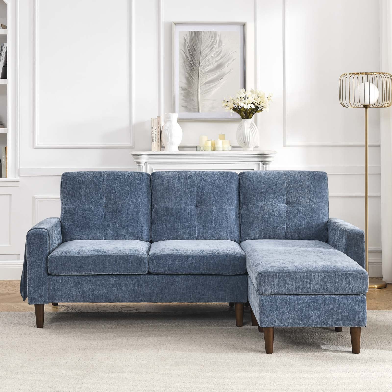 DUNTRKDU 80" Convertible Sectional Sofa Couch, Modern 3-Seat Chenille L-Shaped Sectional Sofa with Removable Cushions and Storage Pocket Bag for Small Living Room, Small Space (Navy Blue)