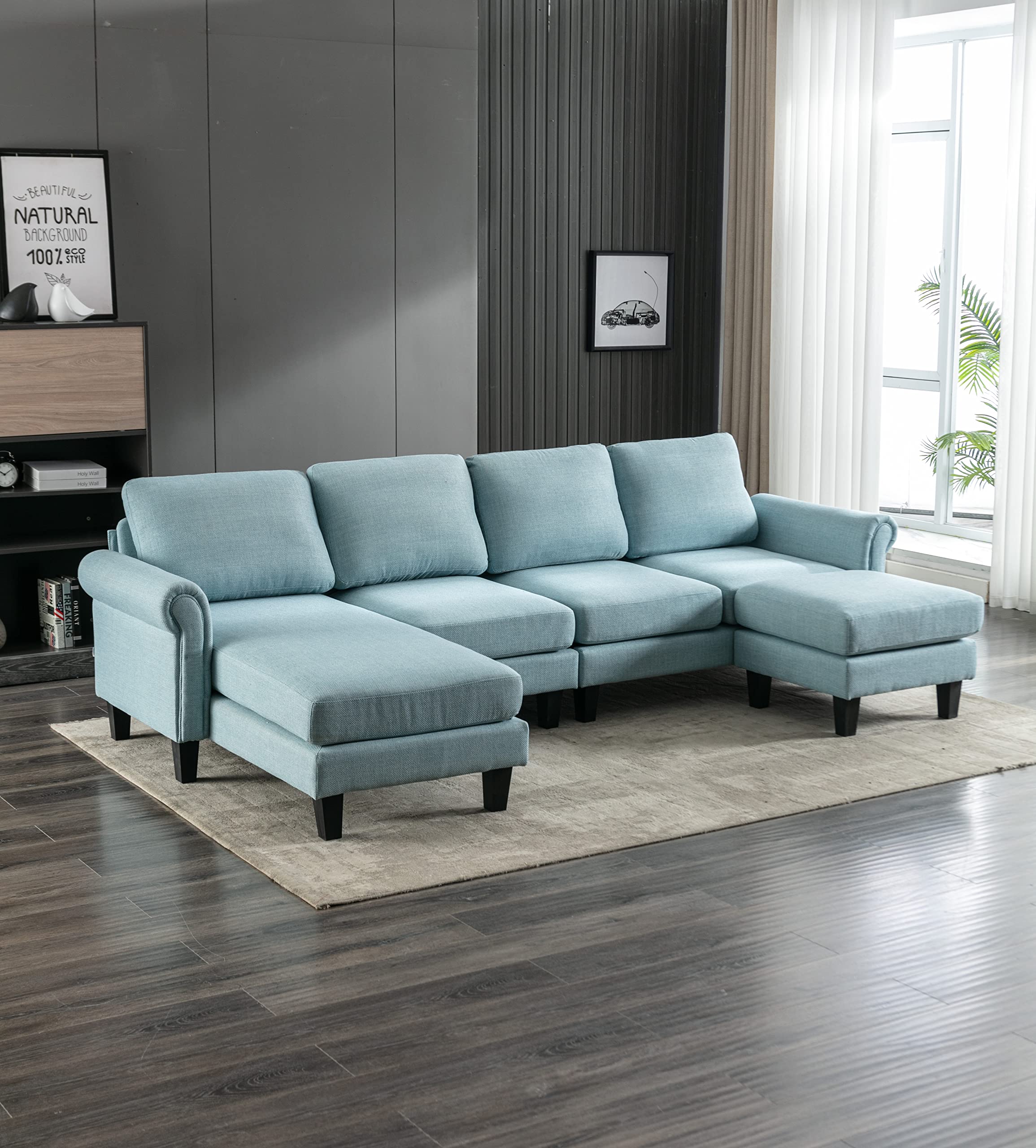kevinplus 108'' Sectional Sofa Couch L-Shape with Chaise Lounge & Convertible Chaise Ottoman for Living Room, Modern U-Shape Sofa Couch with Solid Wooden Legs for Office Apartment Studio, Light Blue
