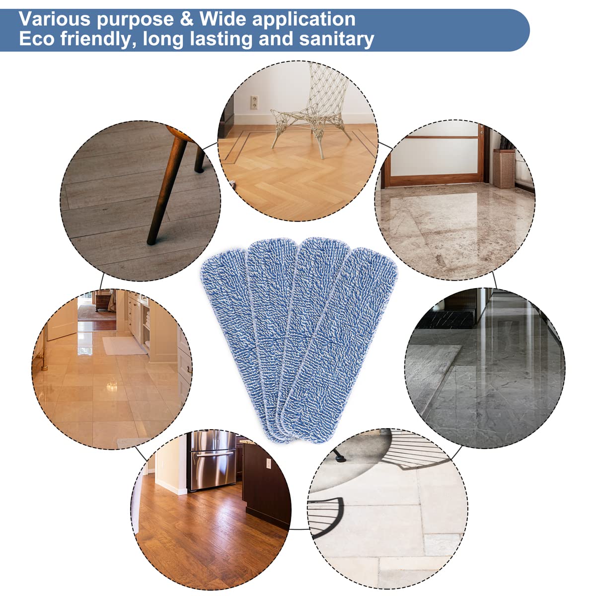 Replacement Microfiber Floor Cleaning Pads - 18''x5'' Dust Mop Refill Sweeping Pad Compatible with Bona Mop, Reusable Dry Mop Head Fits 17” to 18” Flat Mop - 4 Pack
