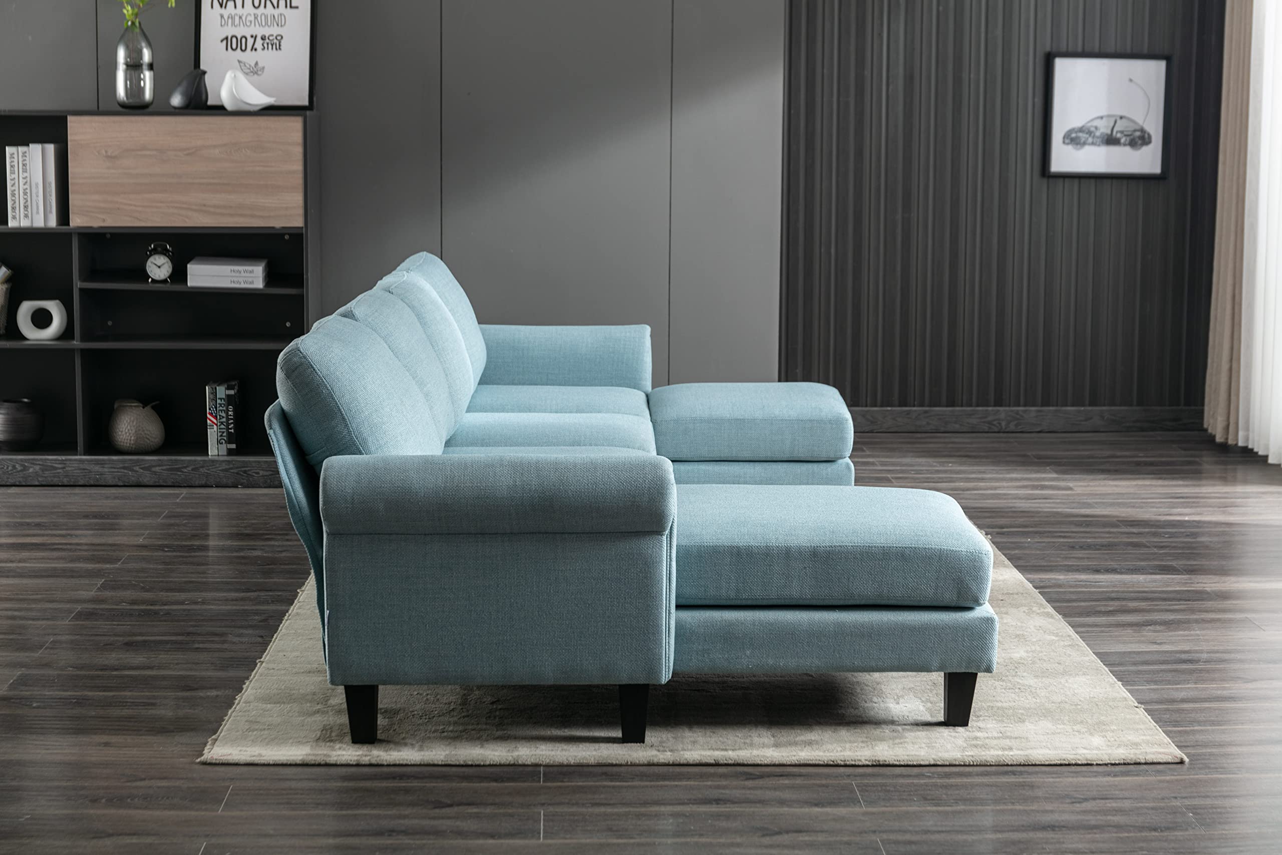 kevinplus 108'' Sectional Sofa Couch L-Shape with Chaise Lounge & Convertible Chaise Ottoman for Living Room, Modern U-Shape Sofa Couch with Solid Wooden Legs for Office Apartment Studio, Light Blue