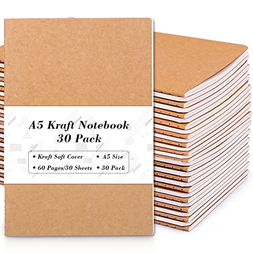 30 Pack Kraft Notebooks, A5 Feela 60 Lined Pages Notebooks and Journals for Women Girls Students Making Plans Writing Memos Office School Supplies, 8.3 X 5.5 in