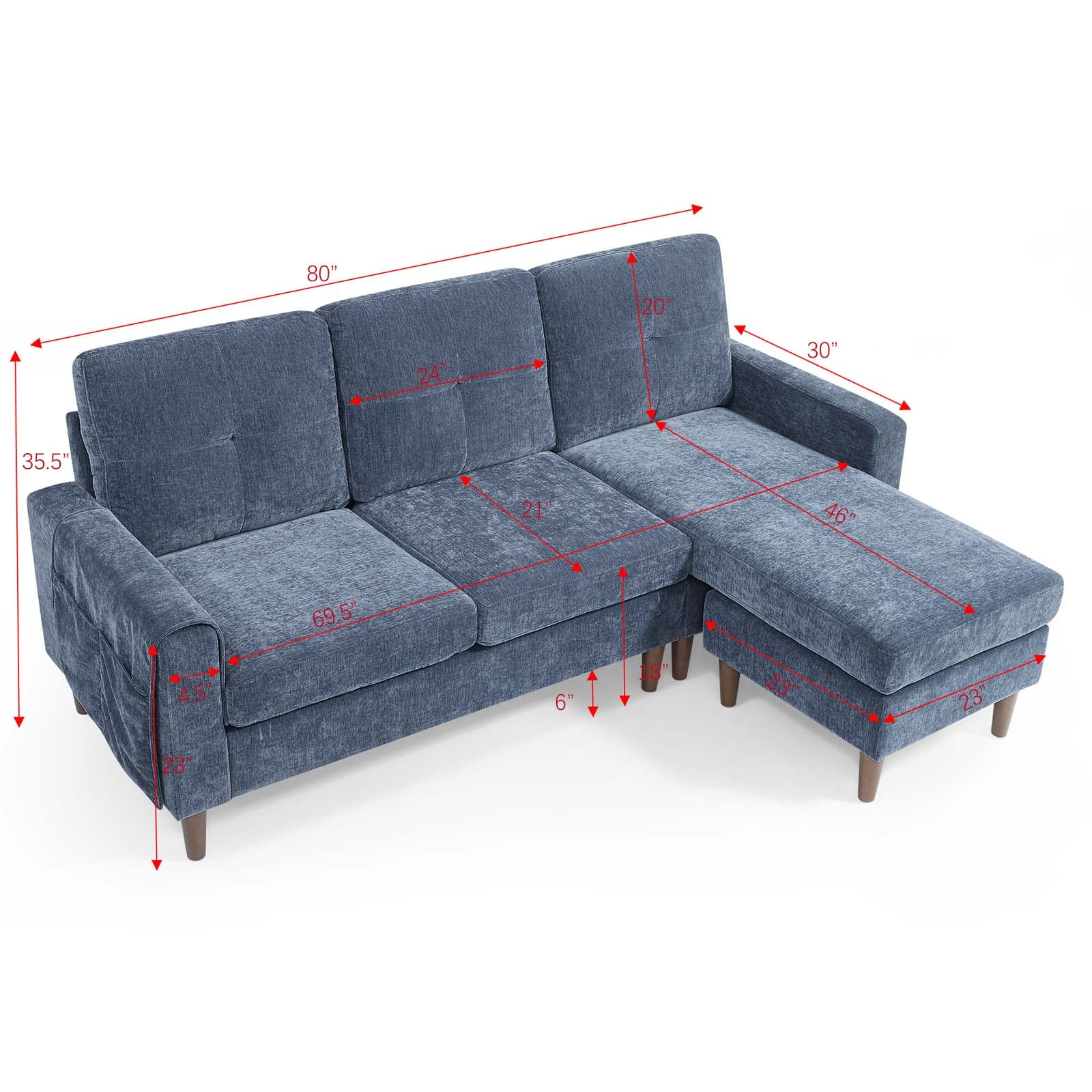DUNTRKDU 80" Convertible Sectional Sofa Couch, Modern 3-Seat Chenille L-Shaped Sectional Sofa with Removable Cushions and Storage Pocket Bag for Small Living Room, Small Space (Navy Blue)