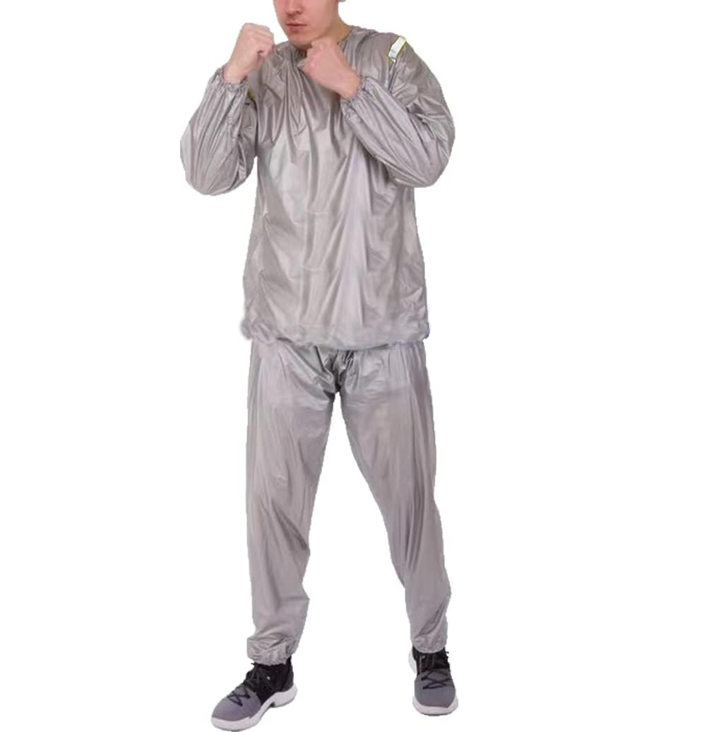 Heavy Duty Sauna Suit For Women Men Exercise Weight Loss Gym Fitness Workout Reflective Trim Sweat Sauna Suit (Grey, Large-X-Large)