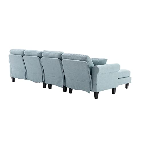 TRIPLE TREE Modern Large Linen Fabric U-Shape Accent Sofa, Modular Couch 4-Seat Sofa Sectional with Reversible Ottomans for Apartment Living Room Furniture Sets, Weight Capacity 800 LBS, Light Blue