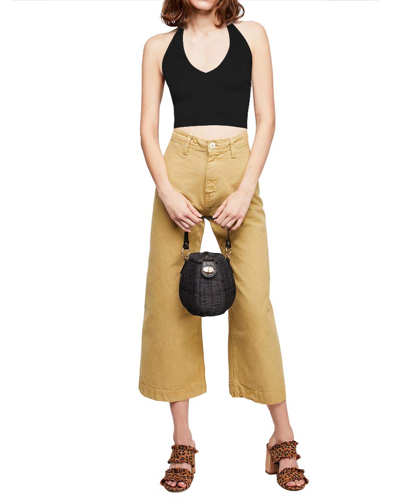 CLOZOZ Halter Crop Tops for Women V Neck Cropped Tank Tops Going Out Sleeveless Backless Trendy Top Black
