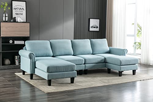 Wekity Sectional Sofa, Minimalist Sectional Couch with Ottomans, U-Shaped Modern Fabric Modular Sofa for Living room (Light Blue)