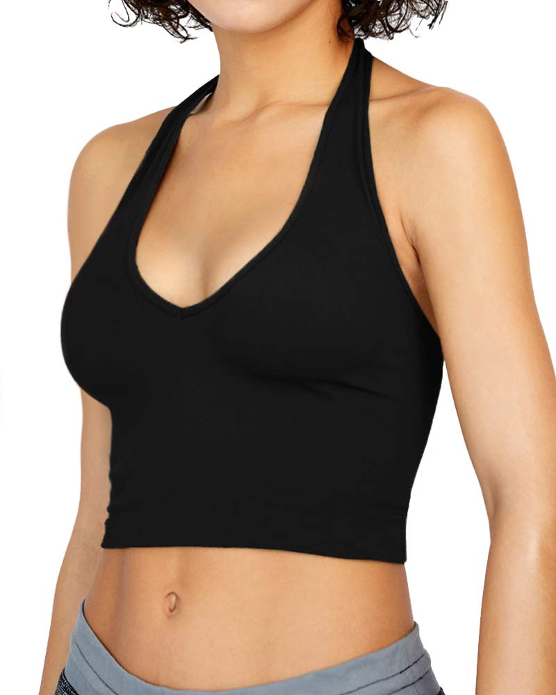 CLOZOZ Halter Crop Tops for Women V Neck Cropped Tank Tops Going Out Sleeveless Backless Trendy Top Black