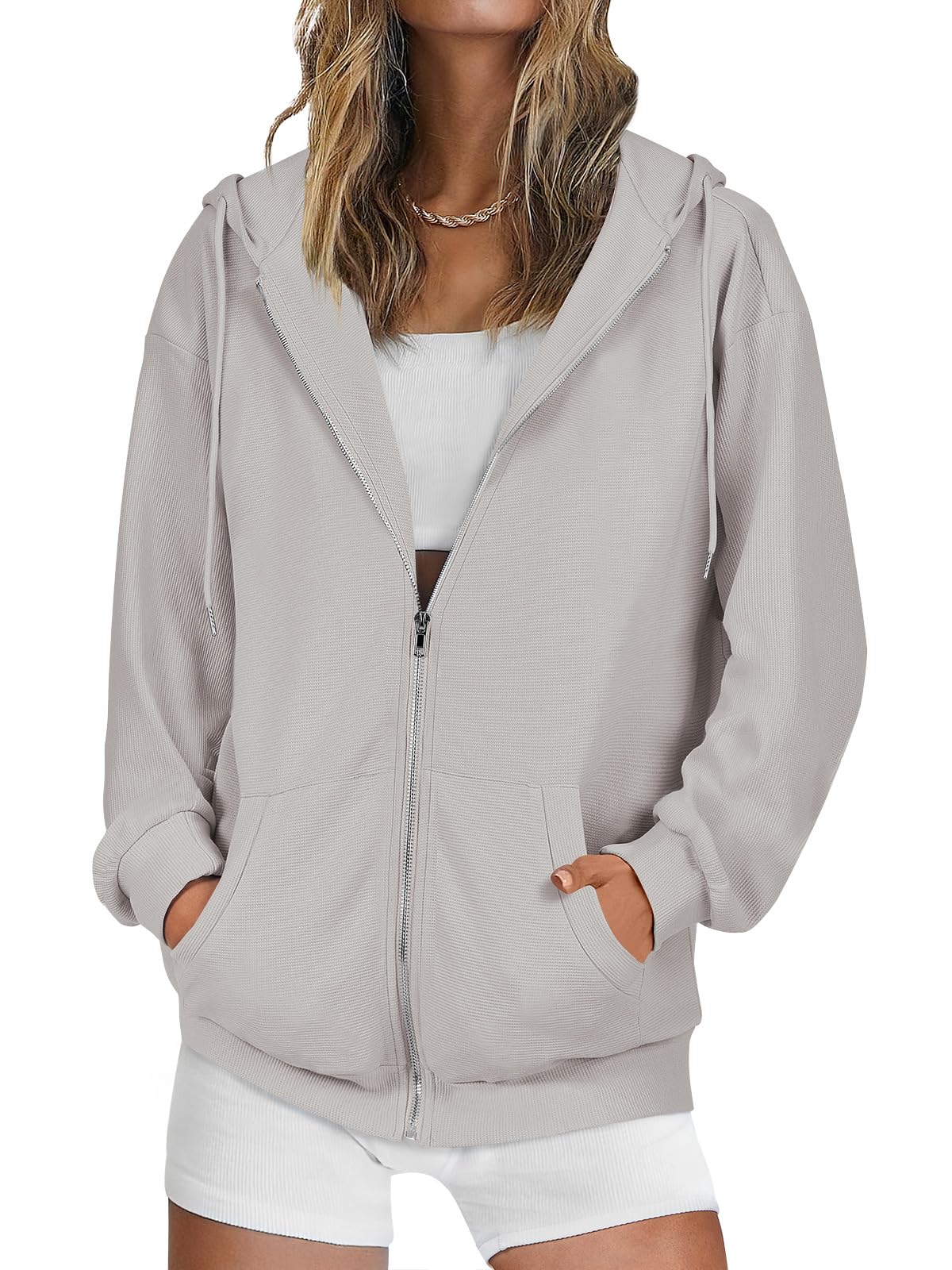 ANRABESS Women's Zip Up Hoodies 2023 Fall Fashion Jacket Casual Loose Oversized Hooded Sweater Rib Knit Long Sleeve Sweatshirts Trendy Outfits Winter Clothes A931qianhui-M Gray