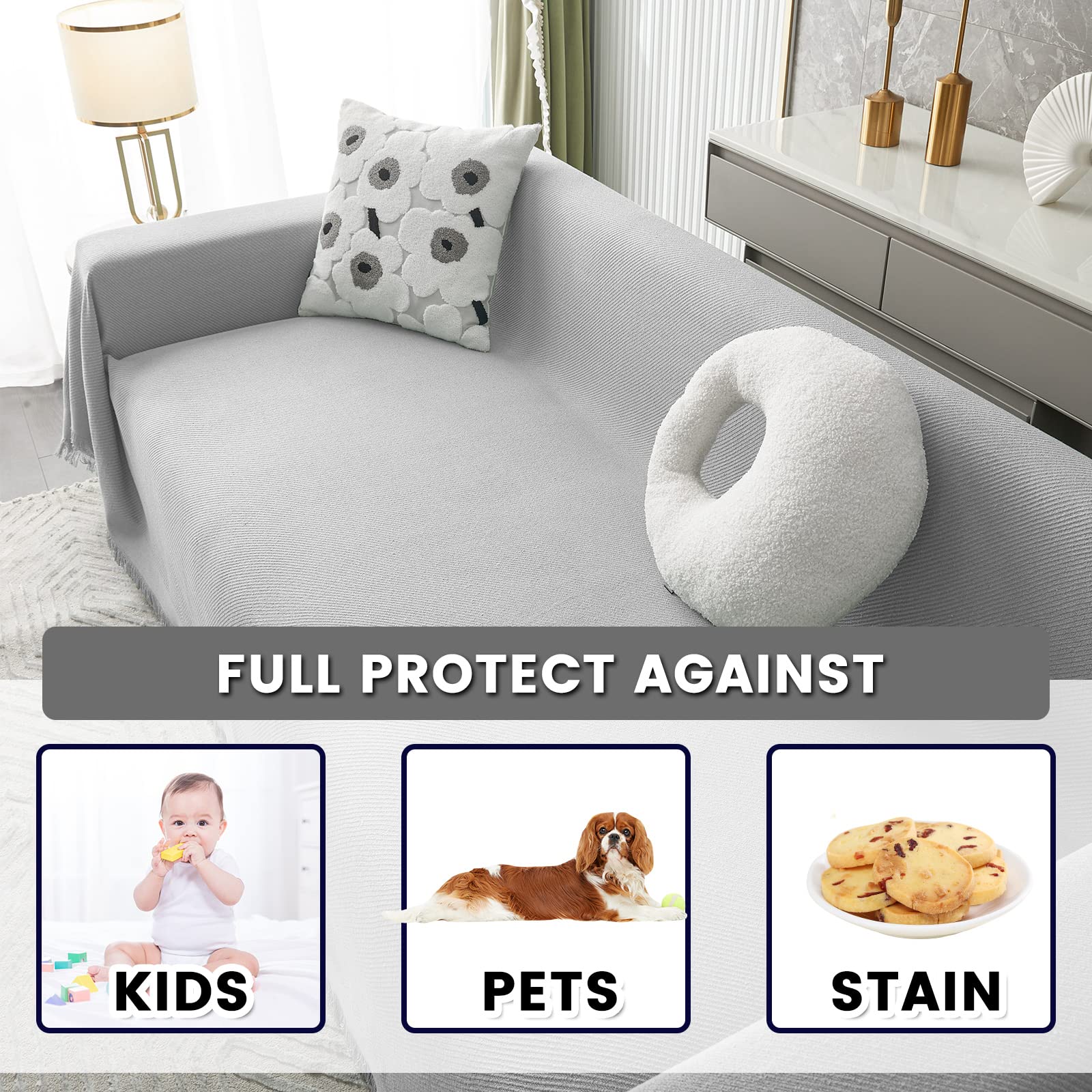 MYSKY HOME Couch Cover Sofa Covers Sectional Couch Covers for 3 Cushion Couch Sofa Cover for Living Room L Shaped Sofa Slipcovers for Dogs (X-Large, 71" x 118", Light Grey)