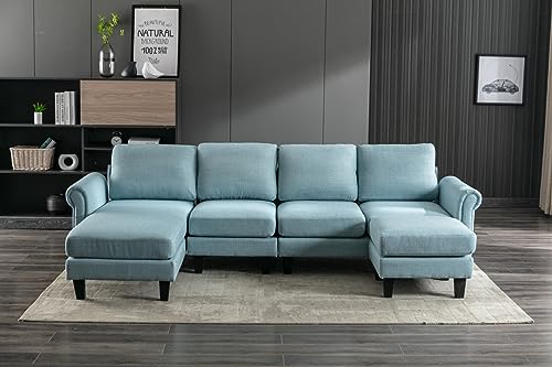 Convertible Sectional Sofa Couch, U Shaped Modular Accent Sofa with Ottoman and 2 Pillows and Solid Wood Legs, Modern Fabric Upholstered Sofa Set, for Living Room, Lounge, Light Blue