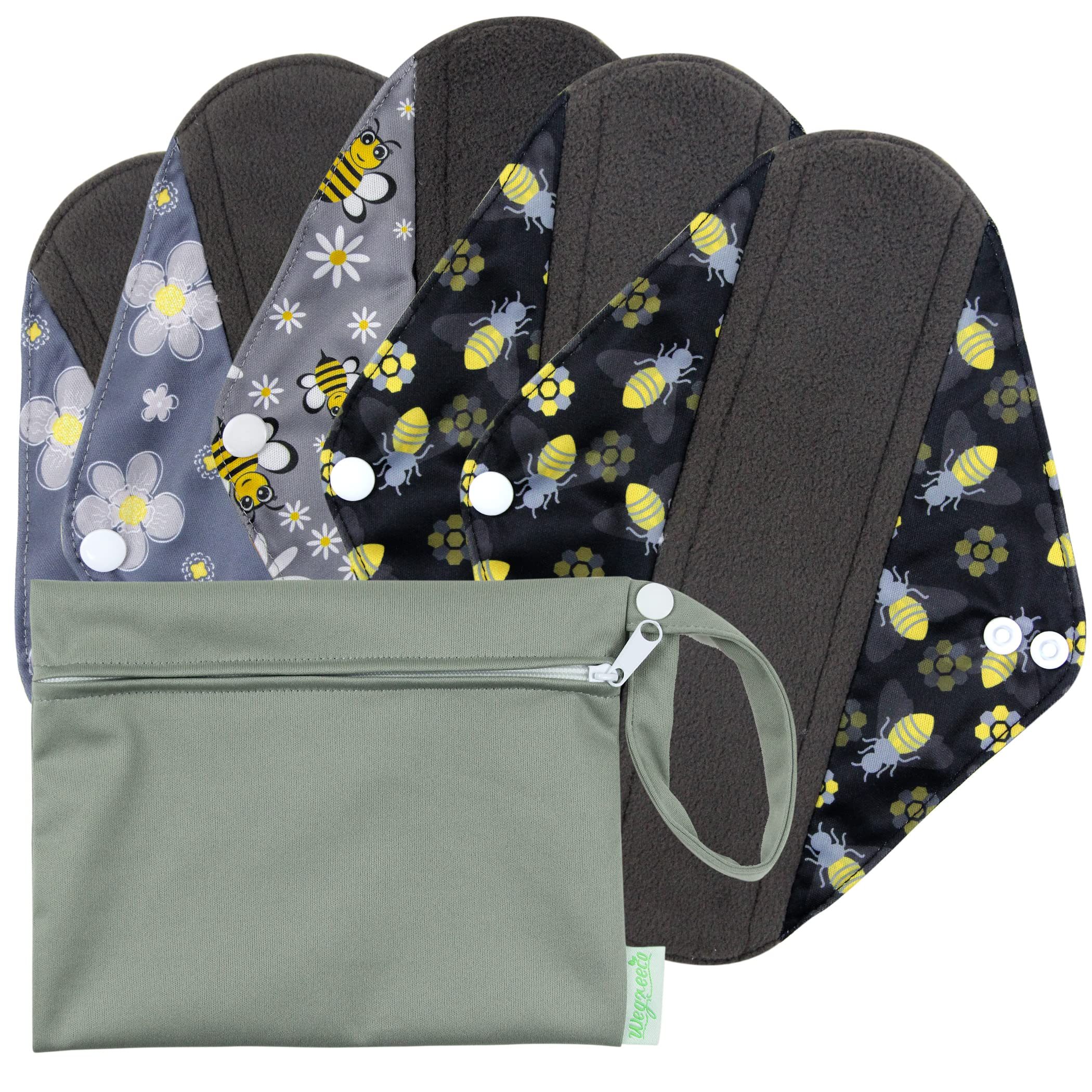 wegreeco Reusable Menstrual Pads for Women - Reusable Sanitary Pads | Reusable Panty Liners | Soft Cloth Menstrual Pads - 5 Pack, 1 Cloth Wet Bag (L, Bee & Bloom)