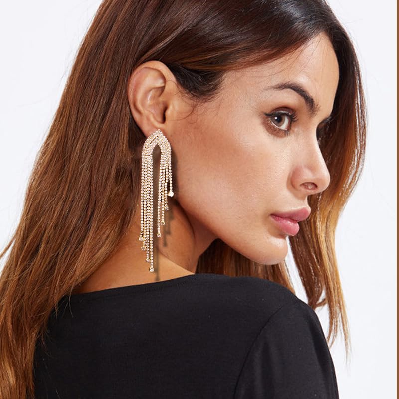 Rhinestone Tassel Earrings Dangling for Women Gold Hypoallergenic Long Tassel Drop Dangle Earrings for Wedding Prom