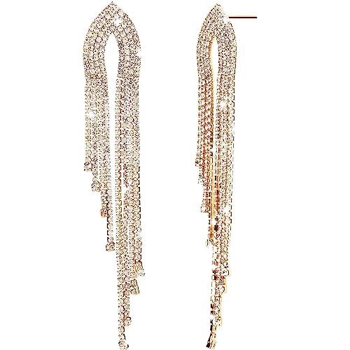 Rhinestone Tassel Earrings Dangling for Women Gold Hypoallergenic Long Tassel Drop Dangle Earrings for Wedding Prom