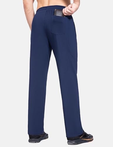 BALEAF Men's Fleece Lined Pants Winter Athletic Workout Hiking Track Thermal Warm Open Bottom Sweatpants with Zipper Pockets Blue 2XL
