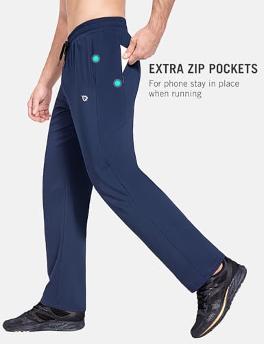BALEAF Men's Fleece Lined Pants Winter Athletic Workout Hiking Track Thermal Warm Open Bottom Sweatpants with Zipper Pockets Blue 2XL