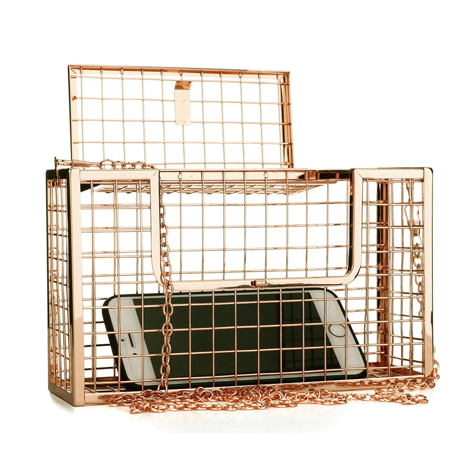 YYW Women Chain Crossbody Bags Iron Cage Metal Hollow Out Cage Evening Clutch (Gold)
