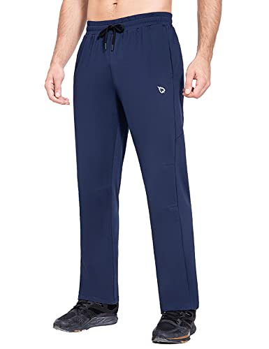 BALEAF Men's Fleece Lined Pants Winter Athletic Workout Hiking Track Thermal Warm Open Bottom Sweatpants with Zipper Pockets Blue 2XL