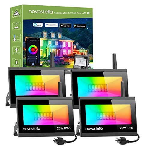 NOVOSTELLA 25W Smart LED Flood Lights, RGB, Second-Generation WiFi Outdoor Dimmable Color Changing Stage Light, IP66 Waterproof, Multicolor Wall Washer Light, Work with Alexa, 4 Pack