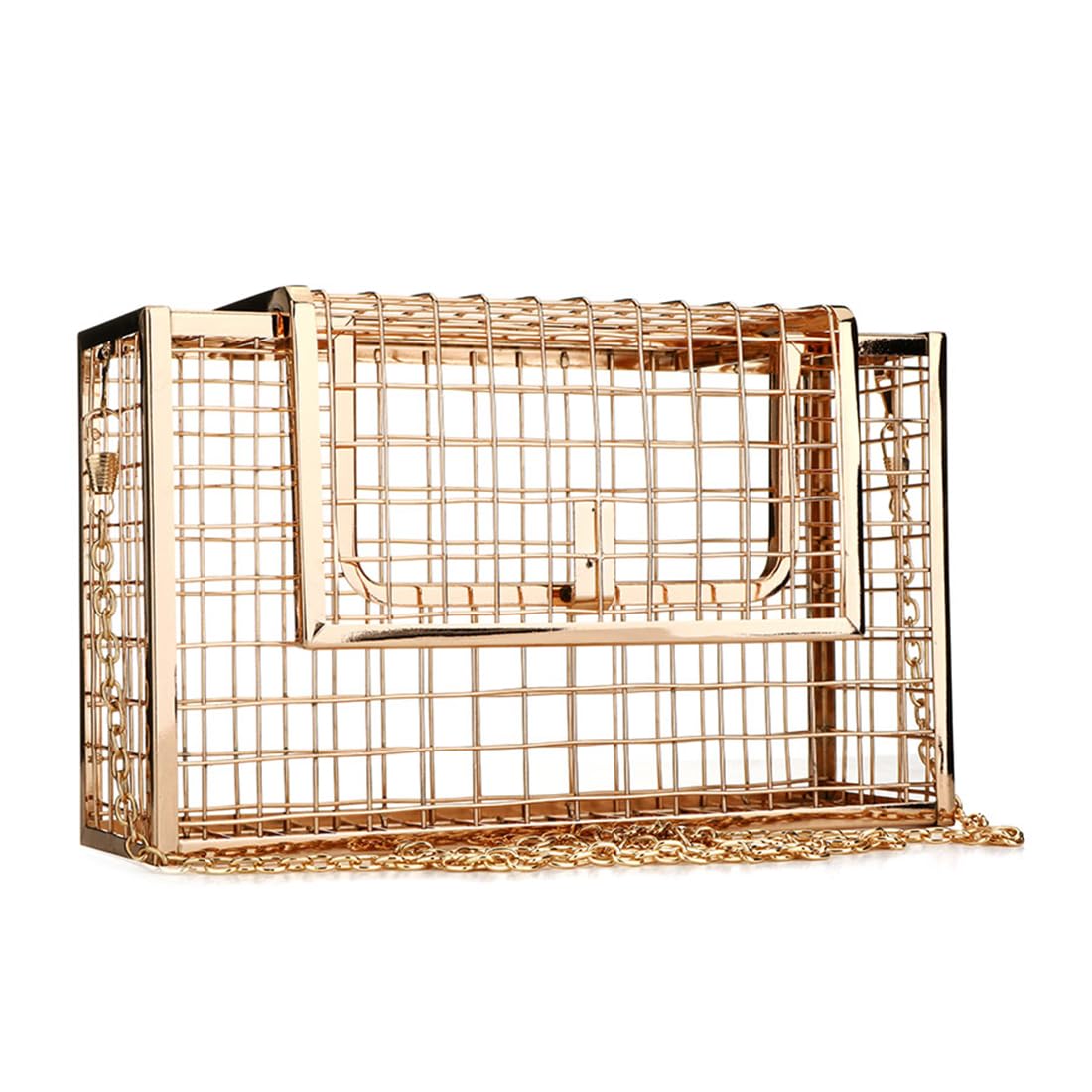 YYW Women Chain Crossbody Bags Iron Cage Metal Hollow Out Cage Evening Clutch (Gold)