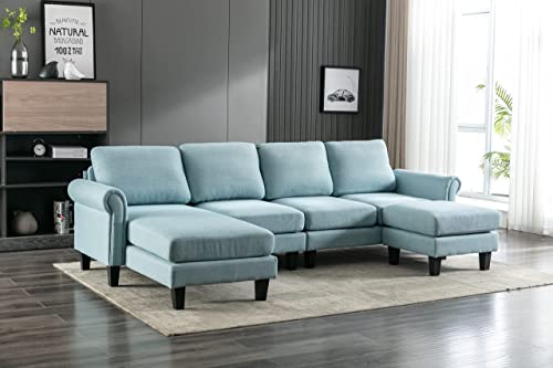 L-Shape Modular Sectional Sofa, Modern Upholstered Accent Sofa with Movable Ottoman, U-Shaped Corner Sofa with Armrest and Wood Legs, Lounge Couch Sofa for Living Room Bedroom Apartment, Light Blue