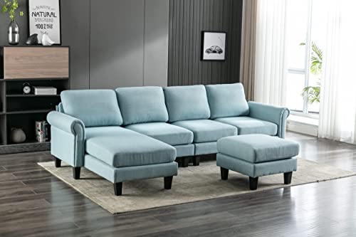 L-Shape Modular Sectional Sofa, Modern Upholstered Accent Sofa with Movable Ottoman, U-Shaped Corner Sofa with Armrest and Wood Legs, Lounge Couch Sofa for Living Room Bedroom Apartment, Light Blue