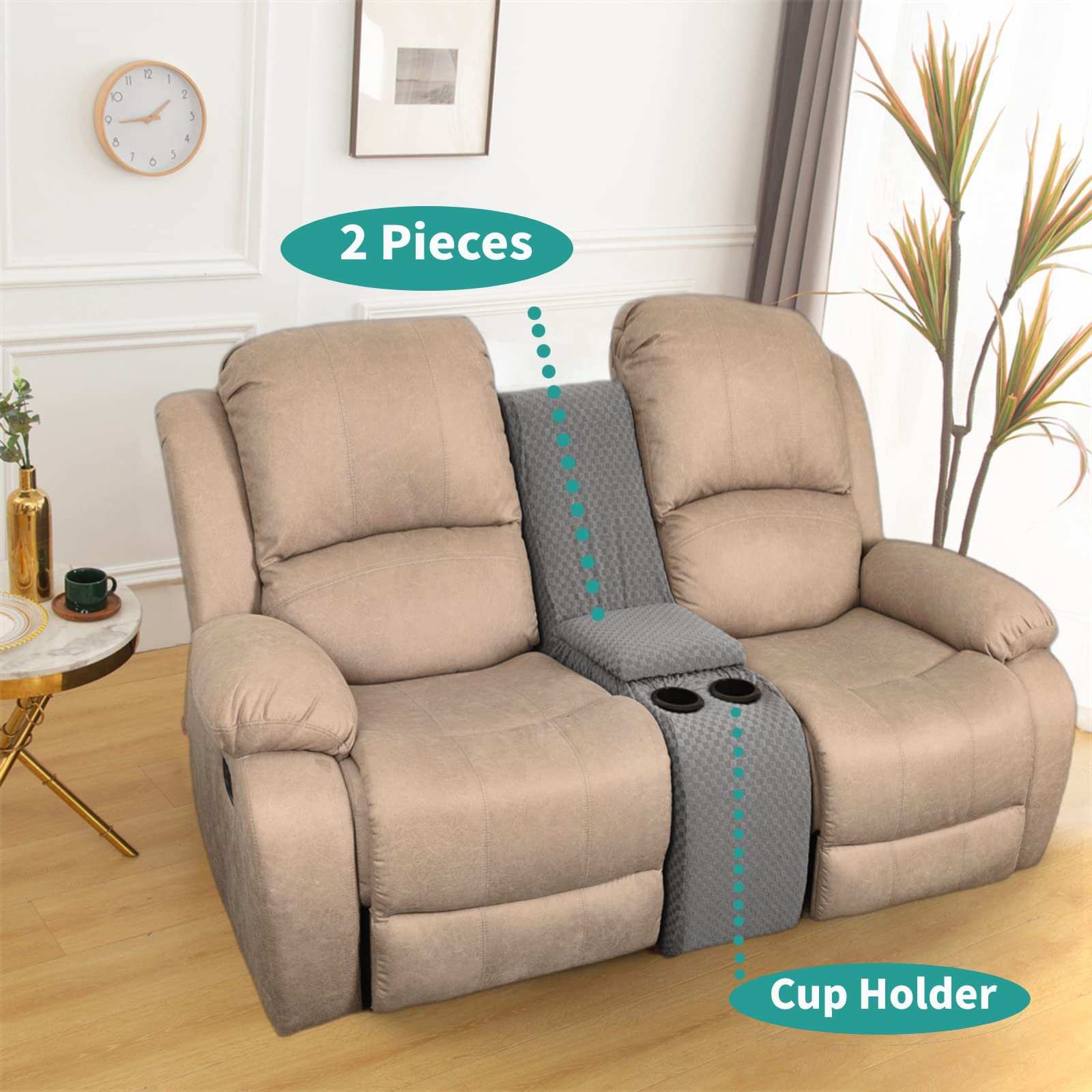 YEMYHOM Additional Recliner Console Cover for Couch with Cup Holder and Storage, Latest Jacquard Middle Reclining Console Slipcover Fitted Furniture Protector with Elastic Bottom (Light Gray)