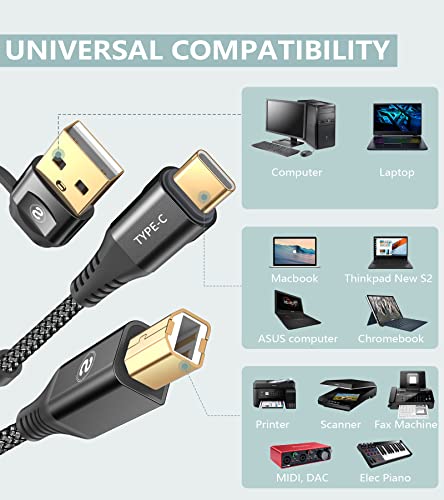 2-in-1 USB-A/C to USB-B Printer Cable 6.6FT, USB C MIDI Cable Nylon Braid High-Speed Printer Cord for MacBook Pro/Air,Digital Piano MIDI Controller,HP Canon Dell Epson Brother Samsung-Black