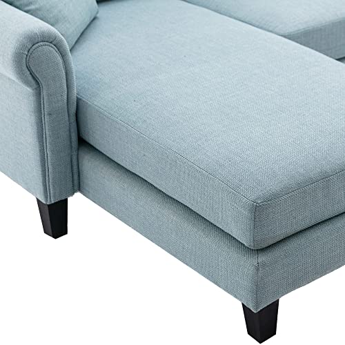 L-Shape Modular Sectional Sofa, Modern Upholstered Accent Sofa with Movable Ottoman, U-Shaped Corner Sofa with Armrest and Wood Legs, Lounge Couch Sofa for Living Room Bedroom Apartment, Light Blue